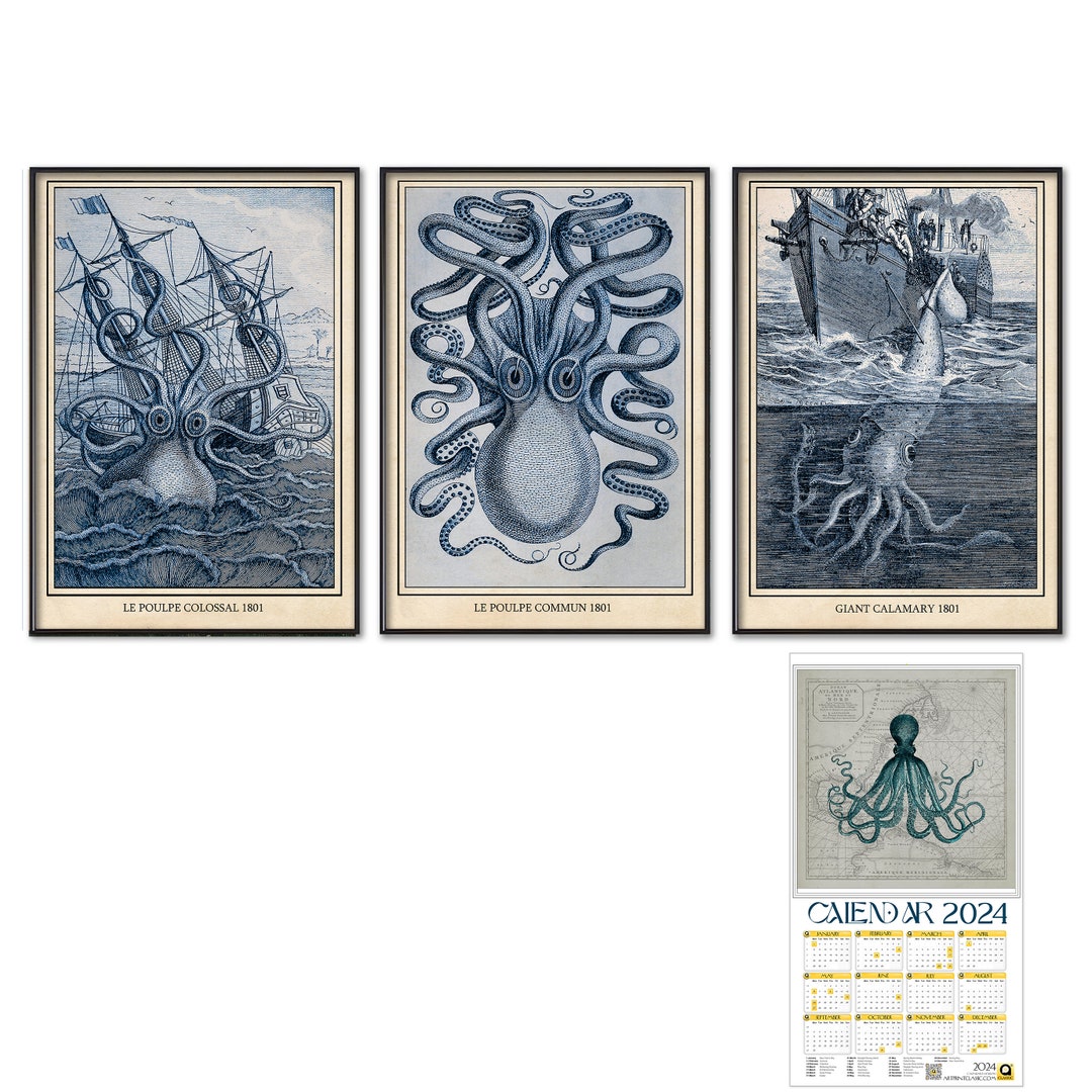 Set of 3 Sea Monsters A 3 420x297 Mm Giant Squid Octopus Kraken Giclee ...