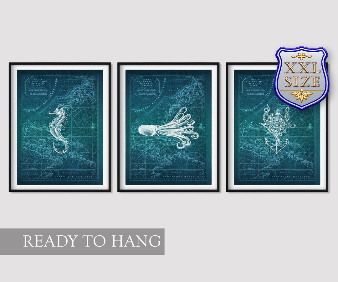 Set of 3 Seahorse Octopus Ship Wheel Giclee Print Reproduction Painting ...