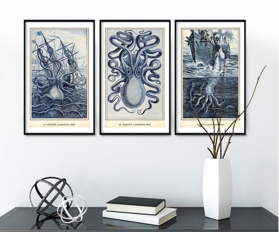 Set of 3 Sea Monsters Giant Squid Octopus Kraken Giclee Print | Etsy