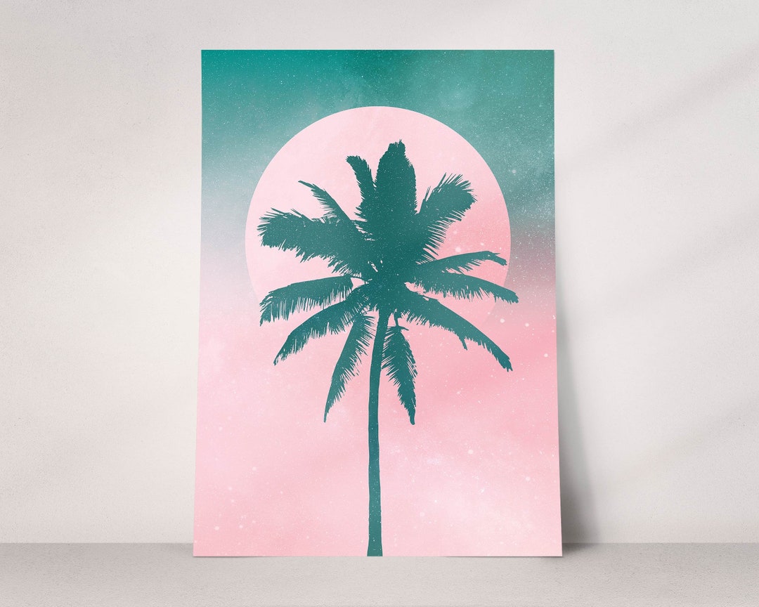 Palm Tree Art Print Tropical Wall Art With Green And Pink Decor Etsy