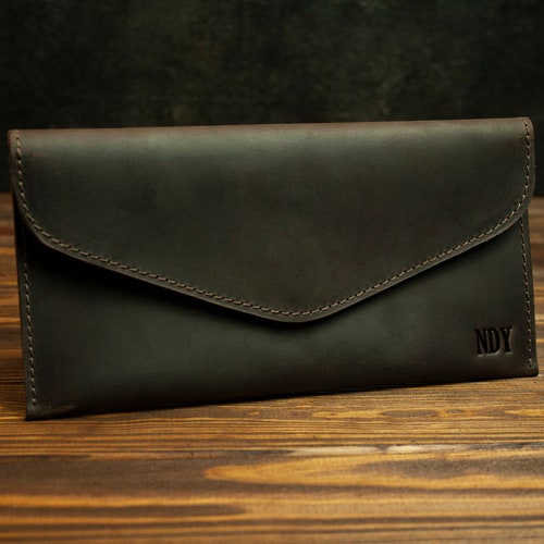 Monogram Leather Envelope Personalized Leather Wallet Travel | Etsy