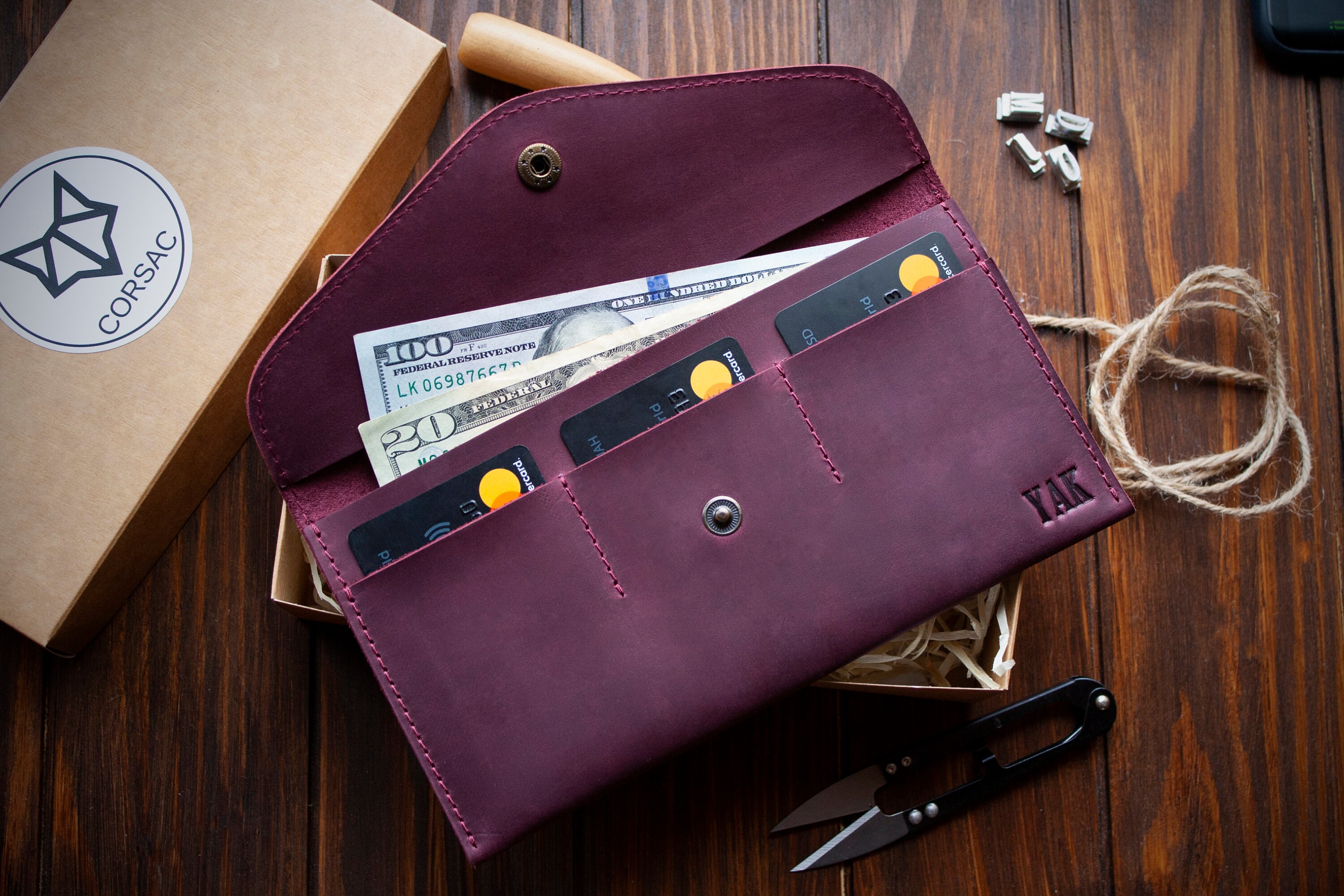 Monogram leather envelope Personalized leather wallet Travel | Etsy