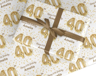 2 Sheets 40th Birthday Wrapping Paper Age 40 Birthday White and Blue ...