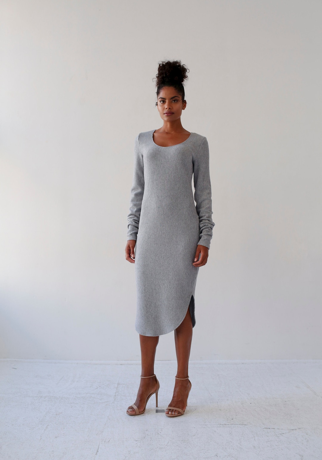 Sweater Dress, Grey Knit Dress, Long Sleeve Dress, Stretchy Dress, Midi ...