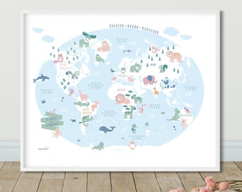 Animal Map Poster World Map Art Animal World Print Animal | Etsy