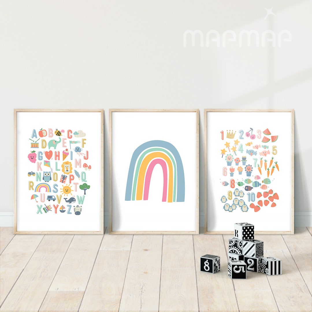 Abc Wall Art SET of 3 - PRINTABLE, ABC + Numbers + Rainbow Print ...