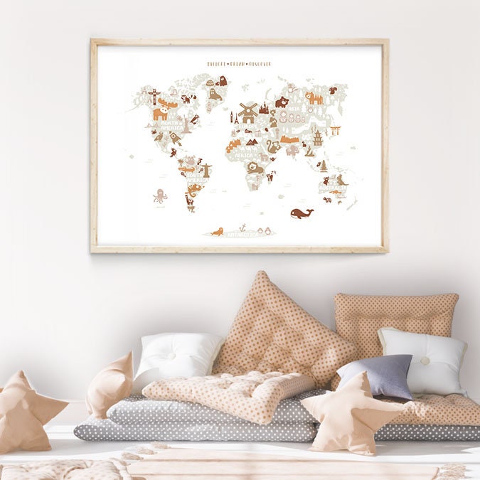 Boho World Map Print – Illustrated Nursery Wall Art (digital Download ...