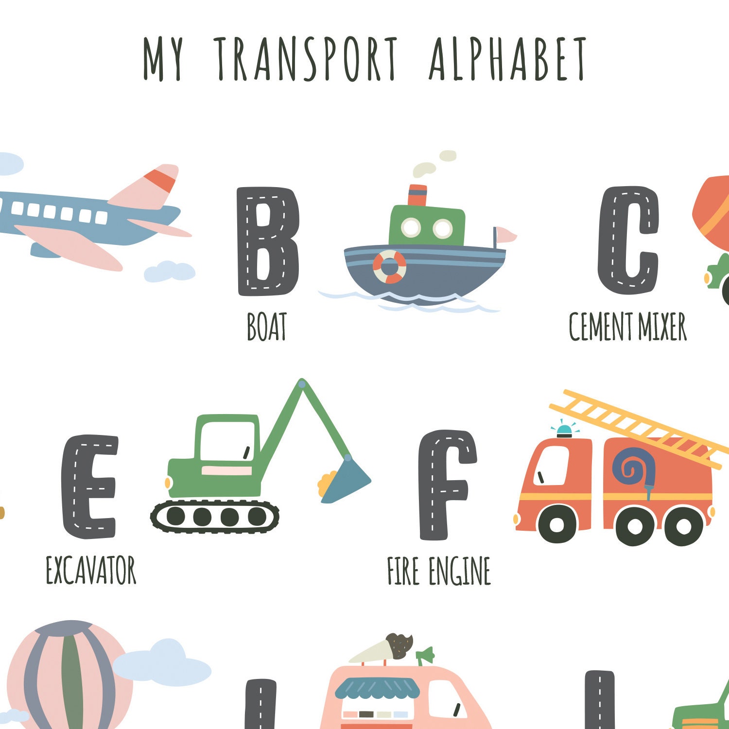 Transport Alphabet Poster PRINTABLE, Toddler Nursery Alphabet Wall Art ...