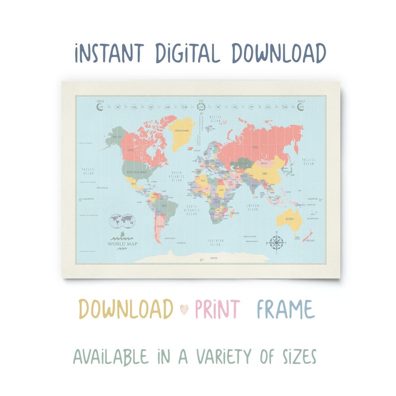 World Map PRINTABLE, Kids Room World Map, Large Educational Wall Map - Etsy