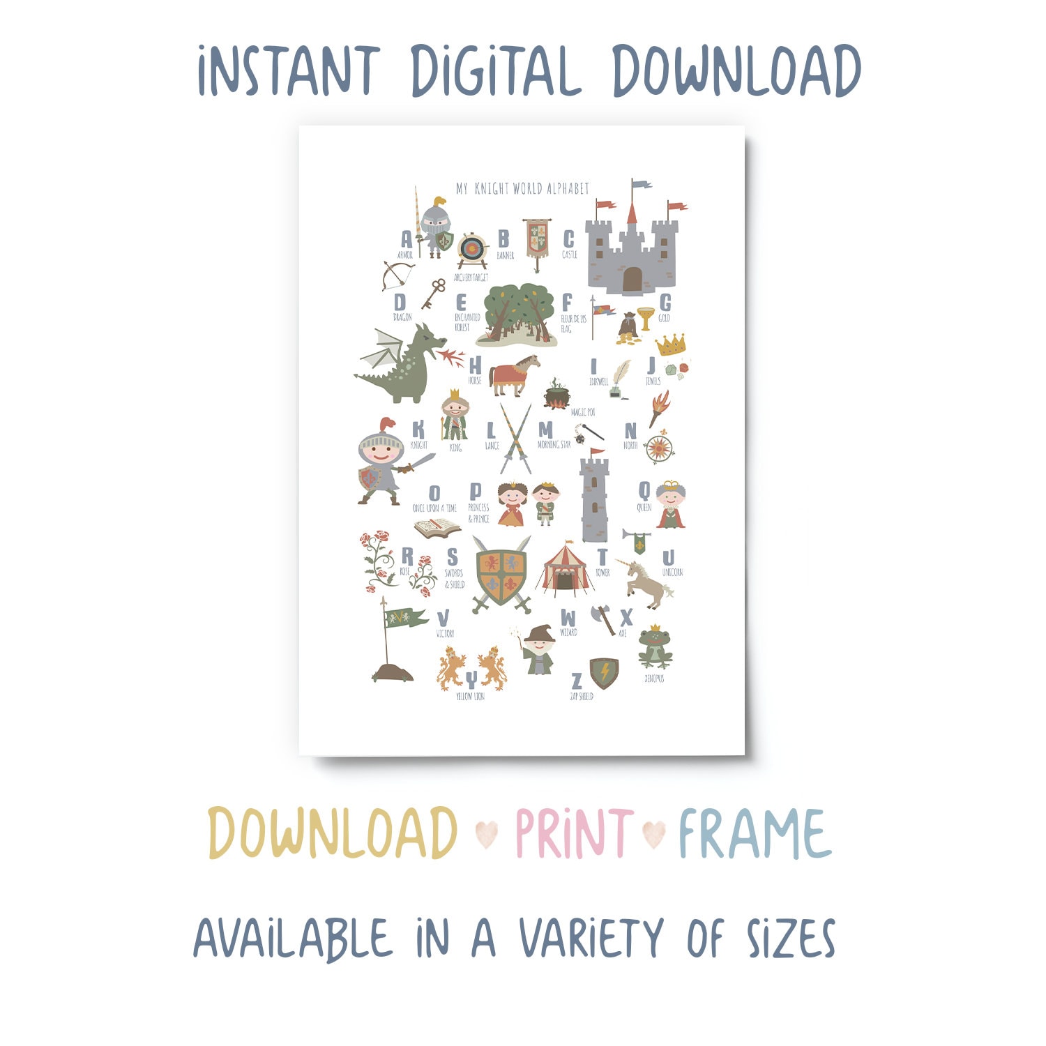 ABC Knight World Alphabet PRINTABLE, Medieval Nursery Alphabet Wall Art ...
