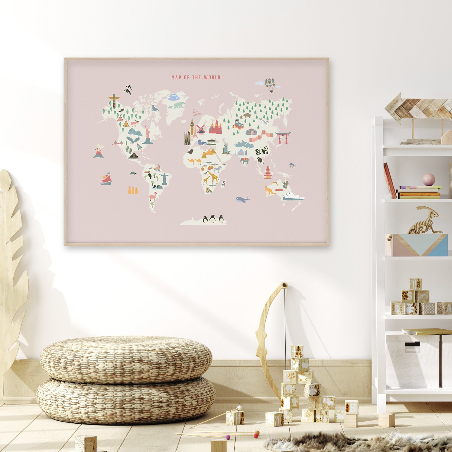 Kids Map of the World PRINTABLE, Pink Illustrated Animal World Map ...