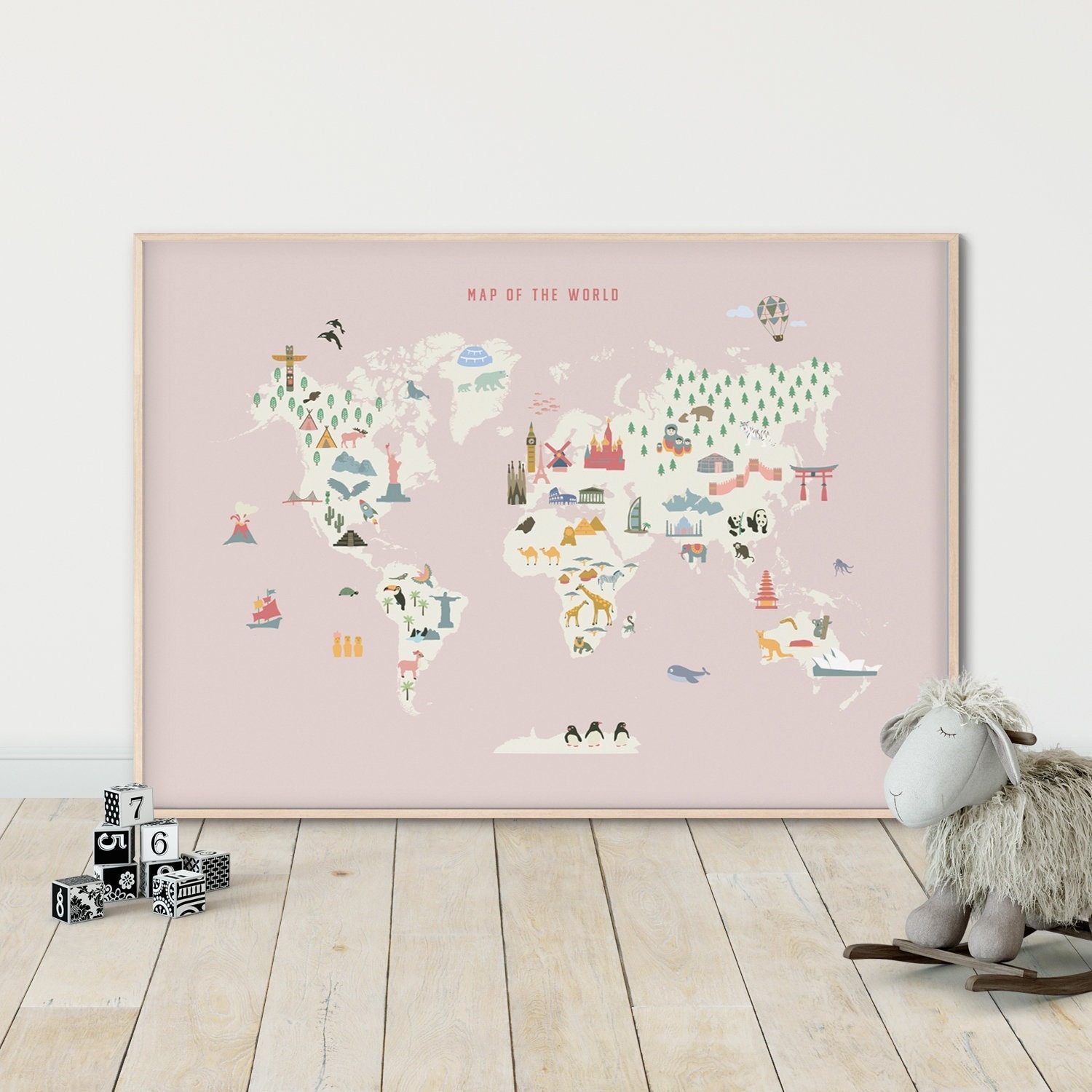Kids Map of the World PRINTABLE, Pink Illustrated Animal World Map ...