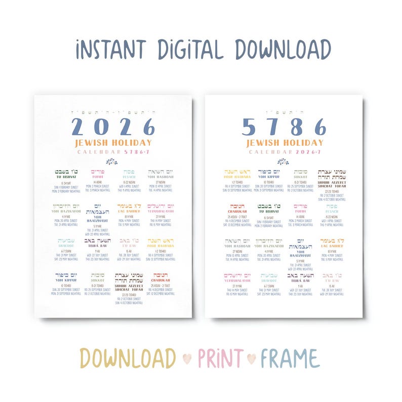 Jewish & Israeli Holiday Calendar 2026 – Printable Hebrew Year 5786 ...