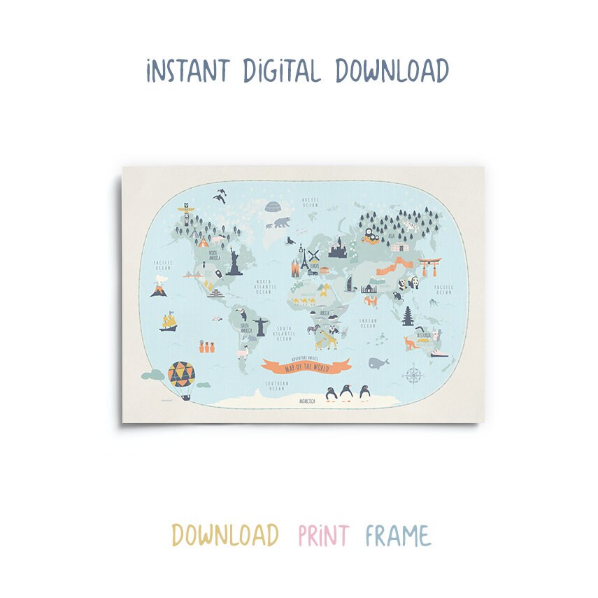 Animal World Map - PRINTABLE, Map Wall Art, Educational Print, Baby ...