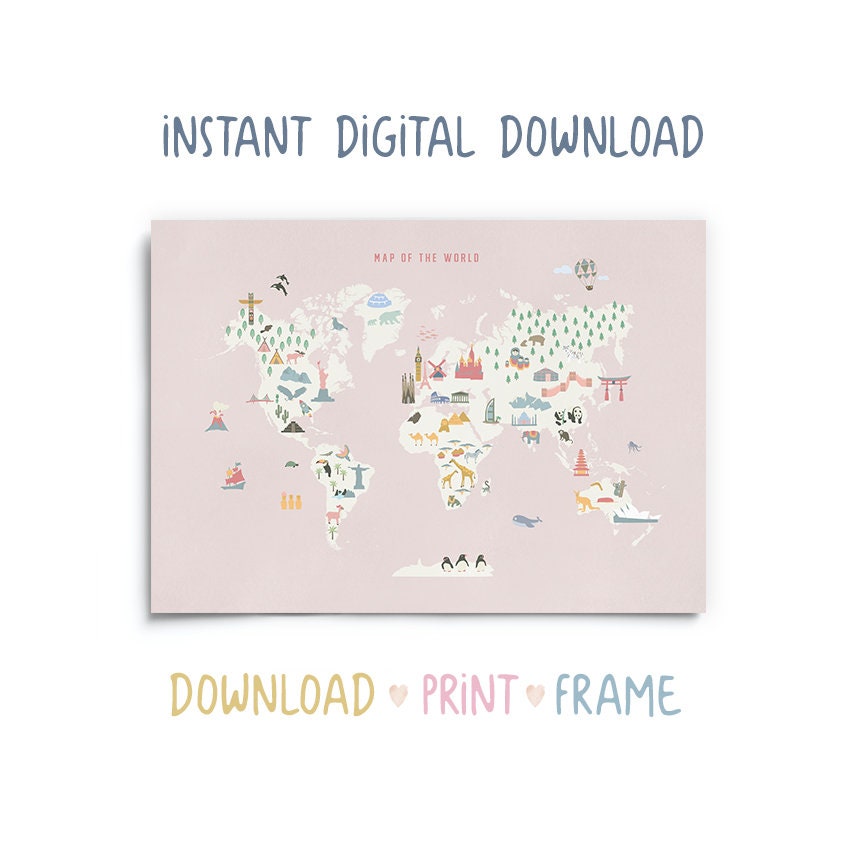 Kids Map of the World PRINTABLE, Pink Illustrated Animal World Map ...