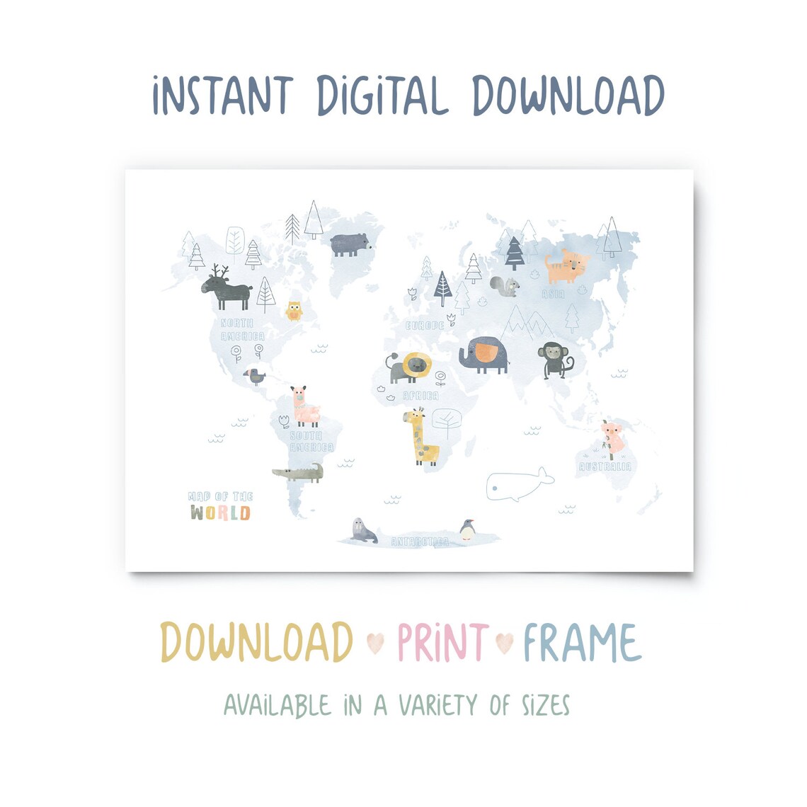 Nursery Animal World Map PRINTABLE Illustrated World Map - Etsy