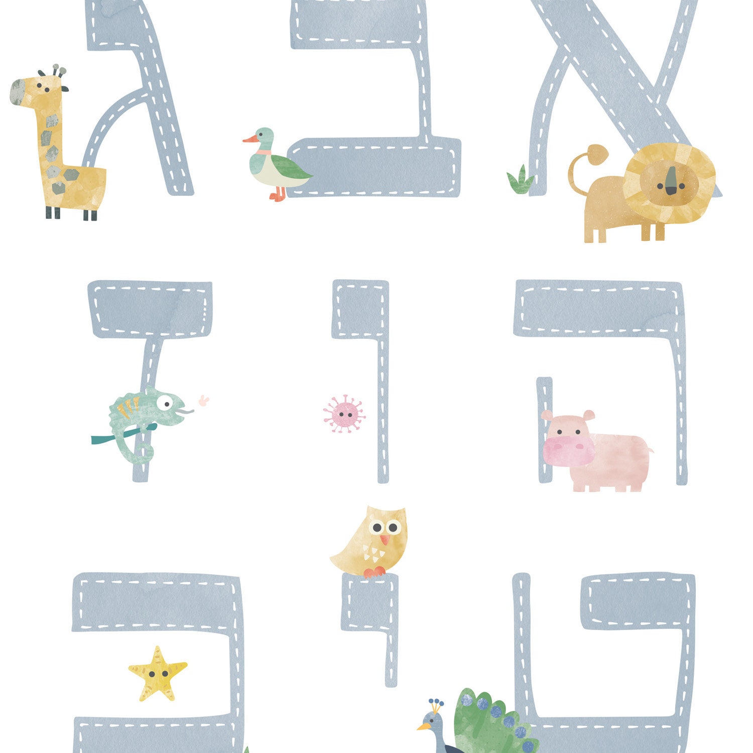 Animal Alef Bet Poster PRINTABLE, Aleph Bet Hebrew Letters Art for Kids ...