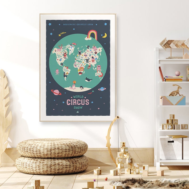 Animal Circus World Map Nursery Animal World Map PRINTABLE - Etsy