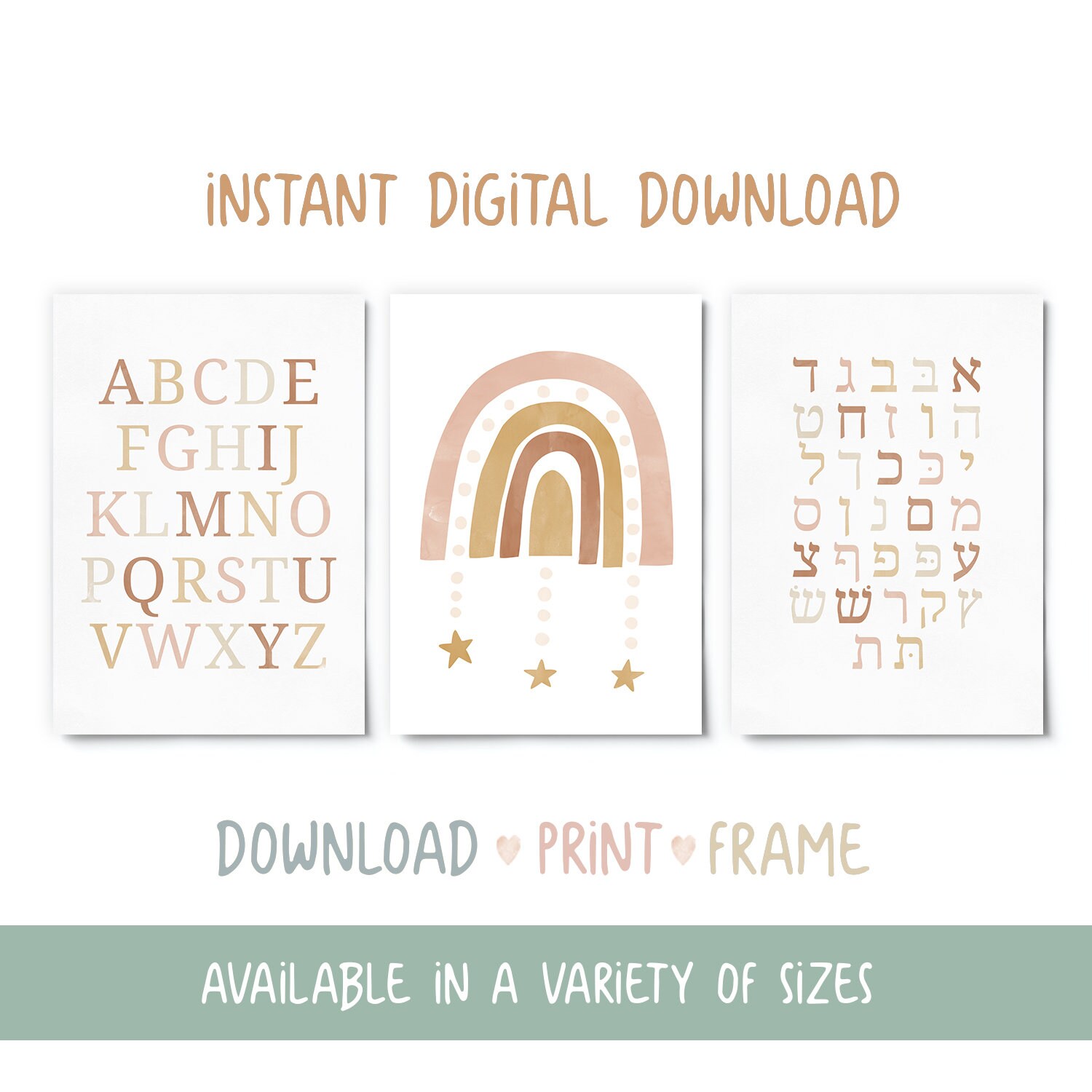 Boho Alef Bet PRINTABLE Set of 3 Hebrew Letters ABC Rainbow Nursery ...