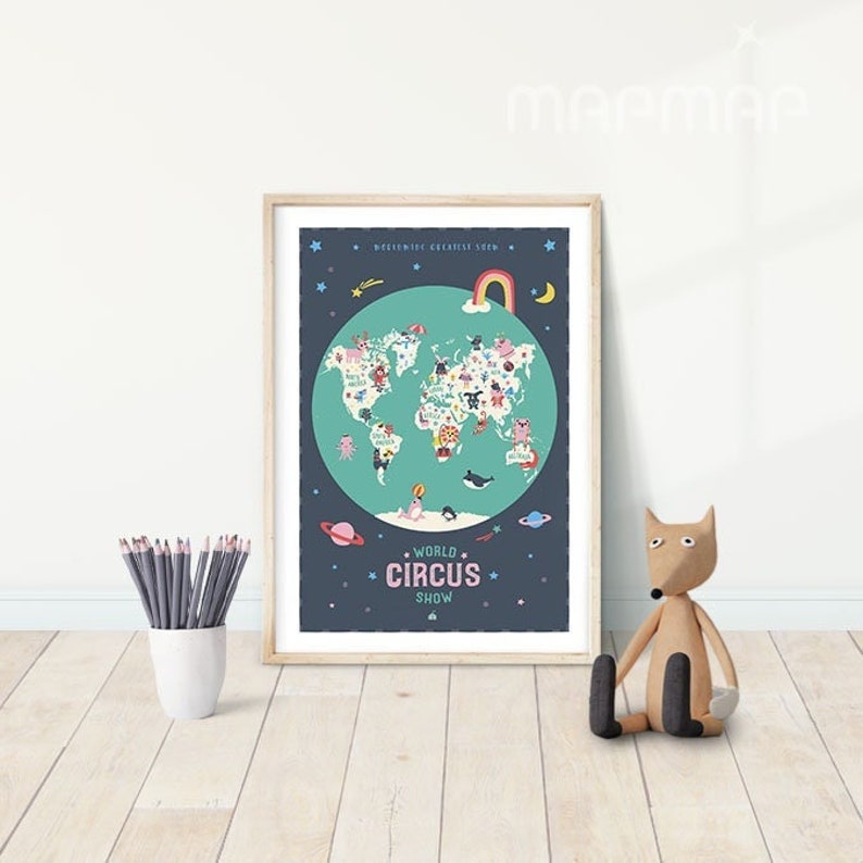 Animal Circus World Map Nursery Animal World Map PRINTABLE - Etsy