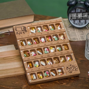 Pill Organizer 30-31 Day Wooden Travel Large Monthly Pill Box / Pill ...