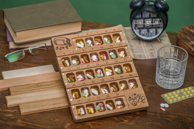 Pill Organizer 30-31 Day Wooden Travel Large Monthly Pill Box / Pill ...