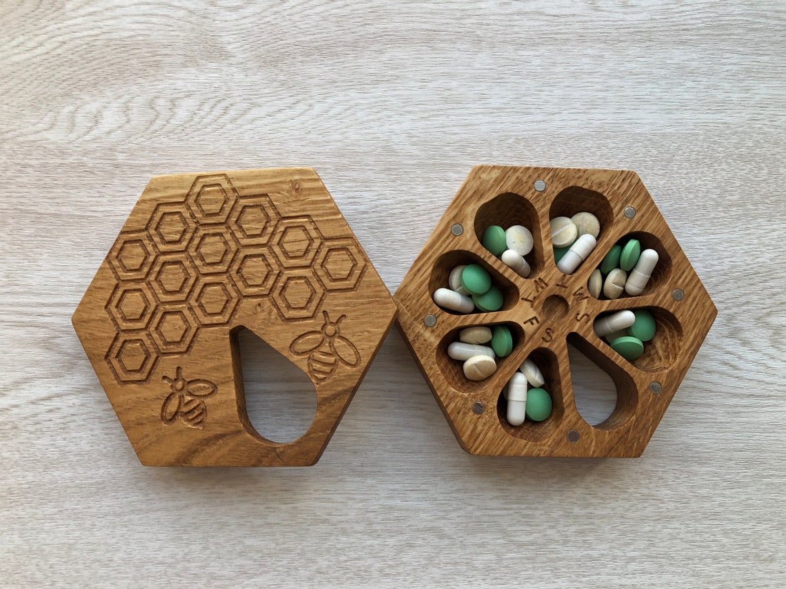 Wooden Pill Box 7 Day / Pill Case Organizer Decorative Travel Pill Box ...