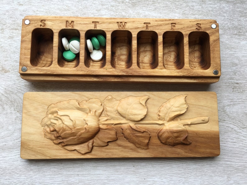 Wooden Pill Box 7 Day / Decorative Travel Pill Box / Relief Ornament ...