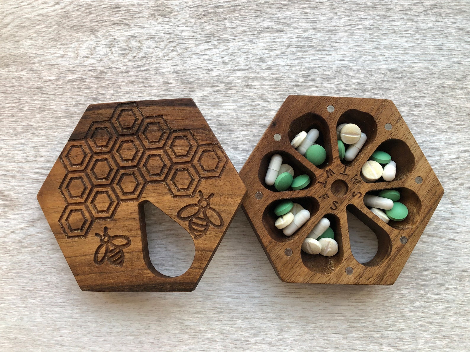 Wooden Pill Box 7 Day / Pill Case Organizer Decorative Travel Pill Box ...
