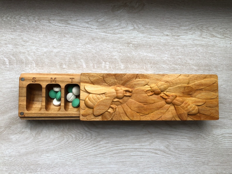 Wooden Pill Box 7 Day / Decorative Travel Pill Box / Relief | Etsy