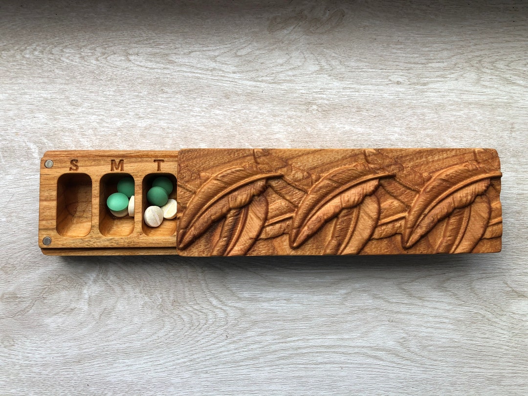 Wooden Pill Box 7 Day / Decorative Travel Pill Box / Relief Ornament ...