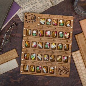 Pill Organizer 30-31 Day Wooden Travel Large Monthly Pill Box / Pill ...