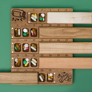 Pill Organizer 30-31 Day Wooden Travel Large Monthly Pill Box / Pill ...