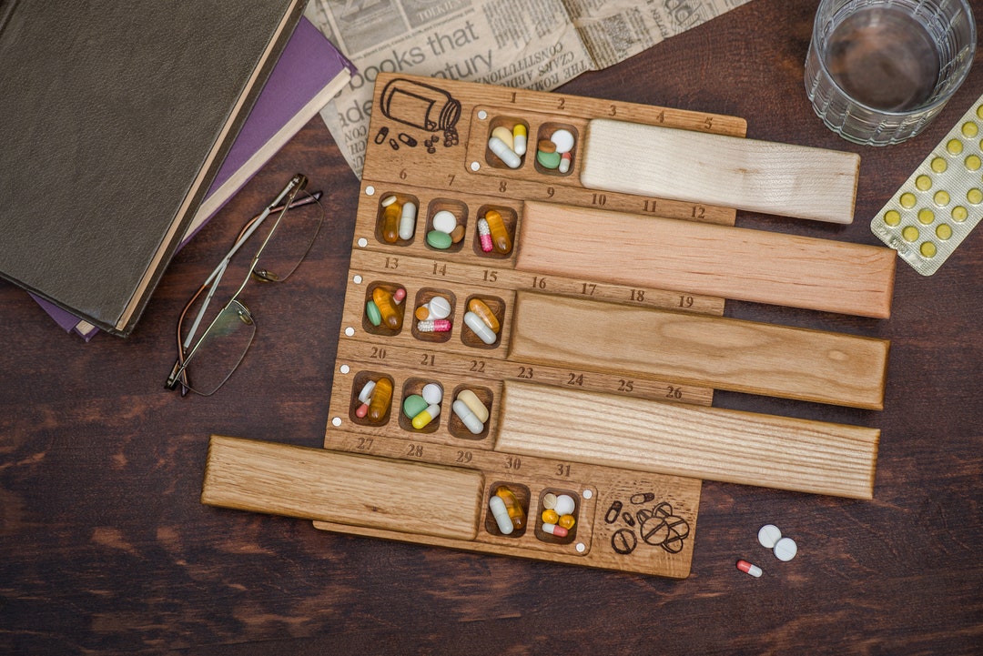 Pill Organizer 30-31 Day Wooden Travel Large Monthly Pill Box / Pill ...