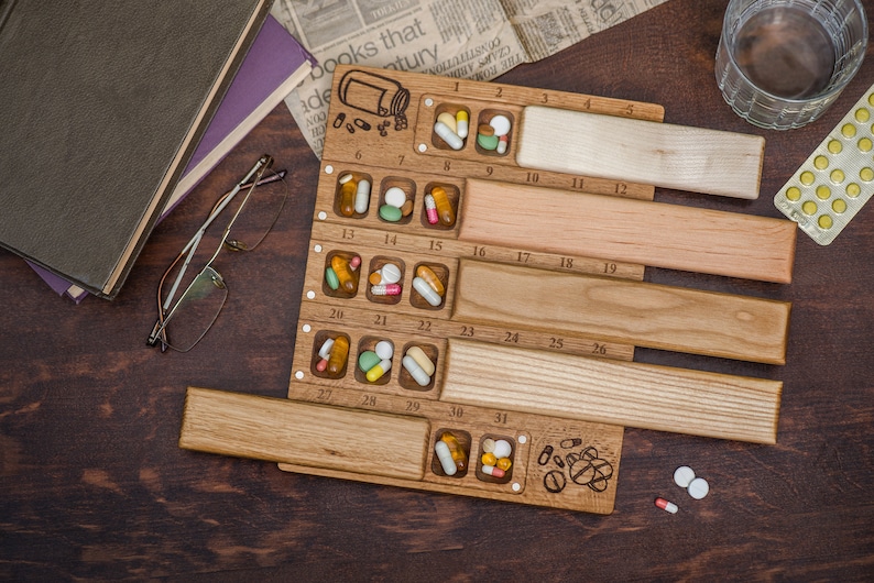 Pill Organizer 30-31 Day Wooden Travel Large Monthly Pill Box / Pill ...