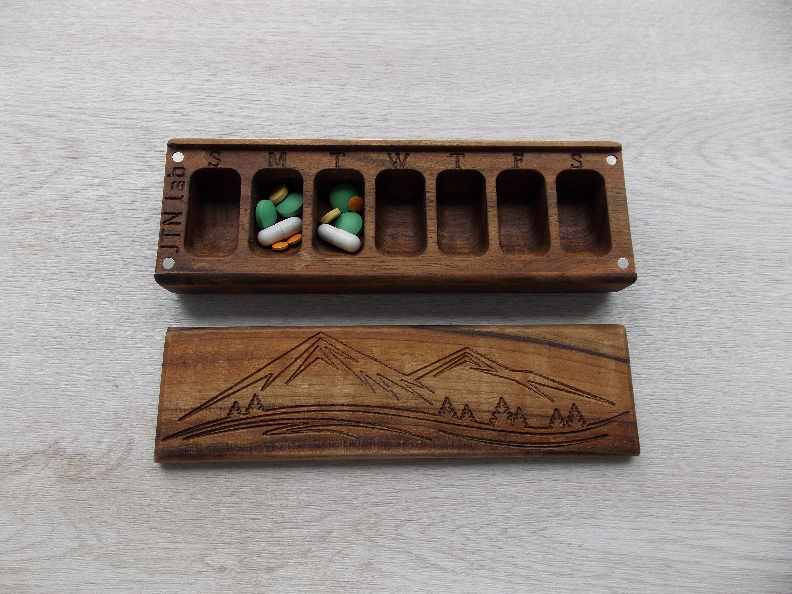 Wooden Pill Box 7 Day / Decorative Travel Weekly Pill Box / Nature ...