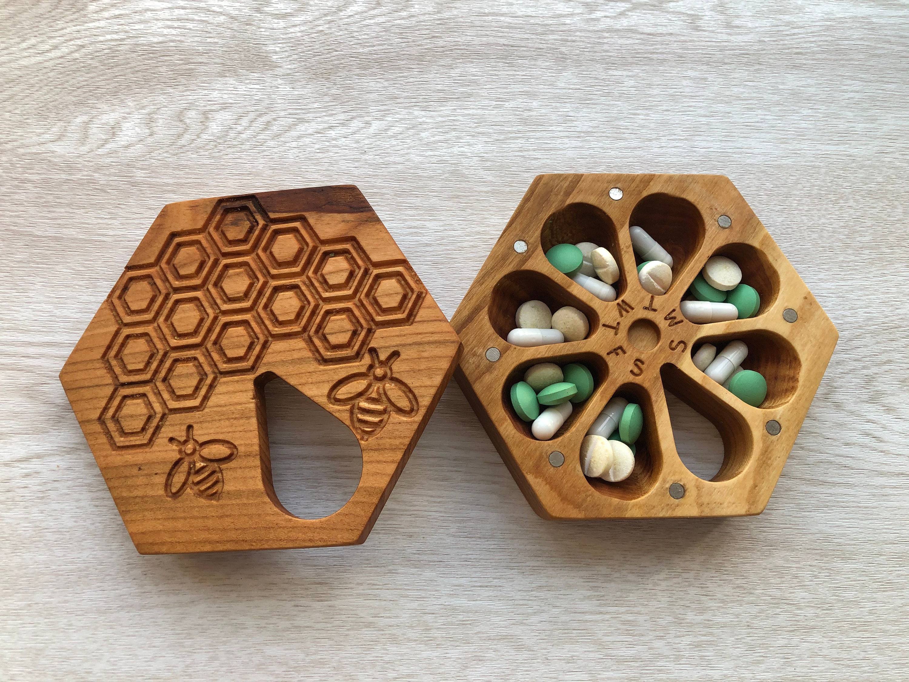 Wooden Pill Box 7 Day / Pill Case Organizer Decorative Travel Pill Box ...