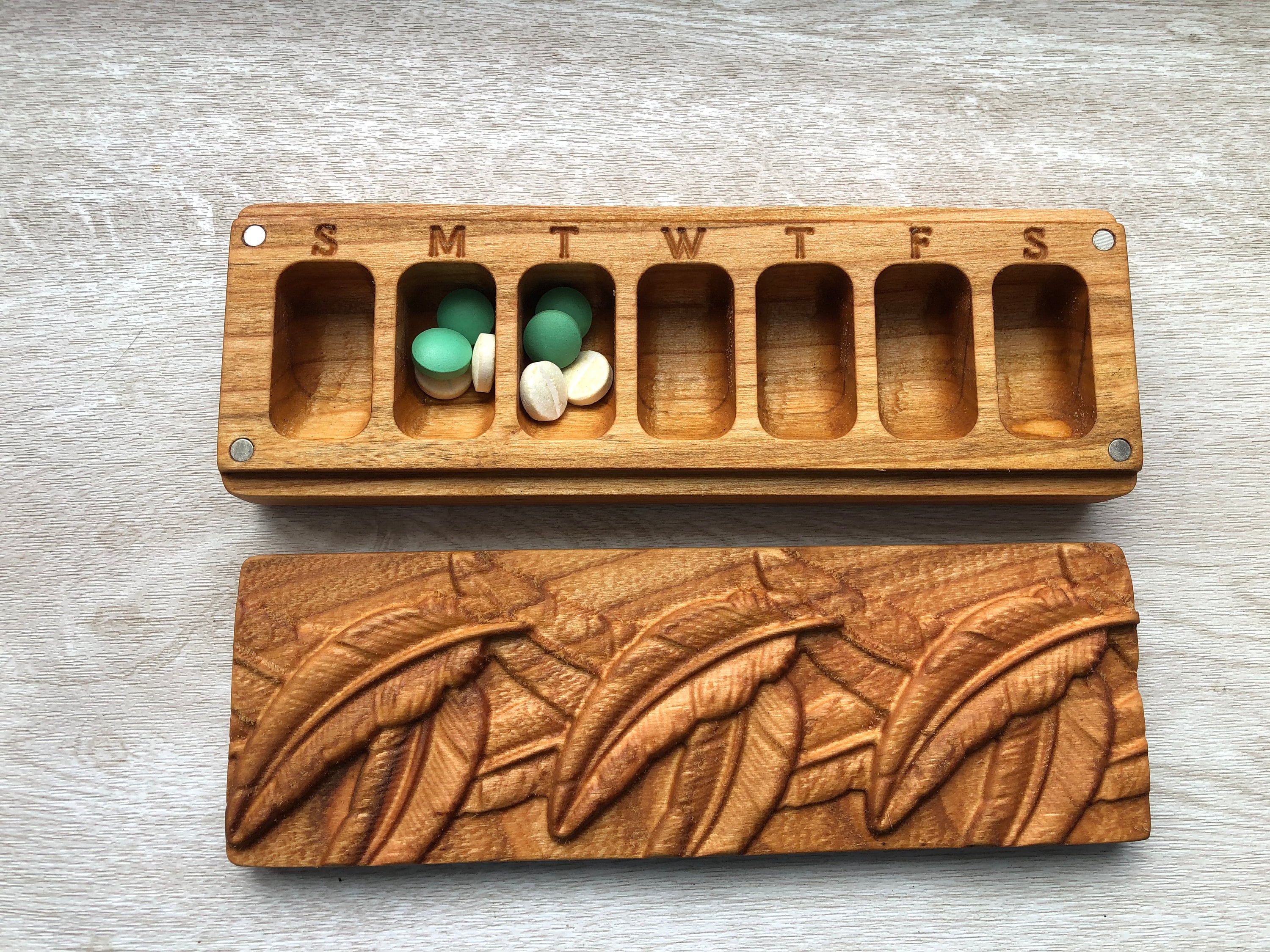 Wooden Pill Box 7 Day / Decorative Travel Pill Box / Relief - Etsy