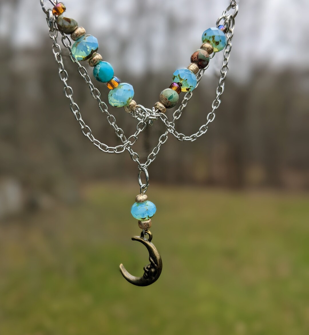 Enchanting Draped Moon Necklace With Blue and Silver Accents - Etsy
