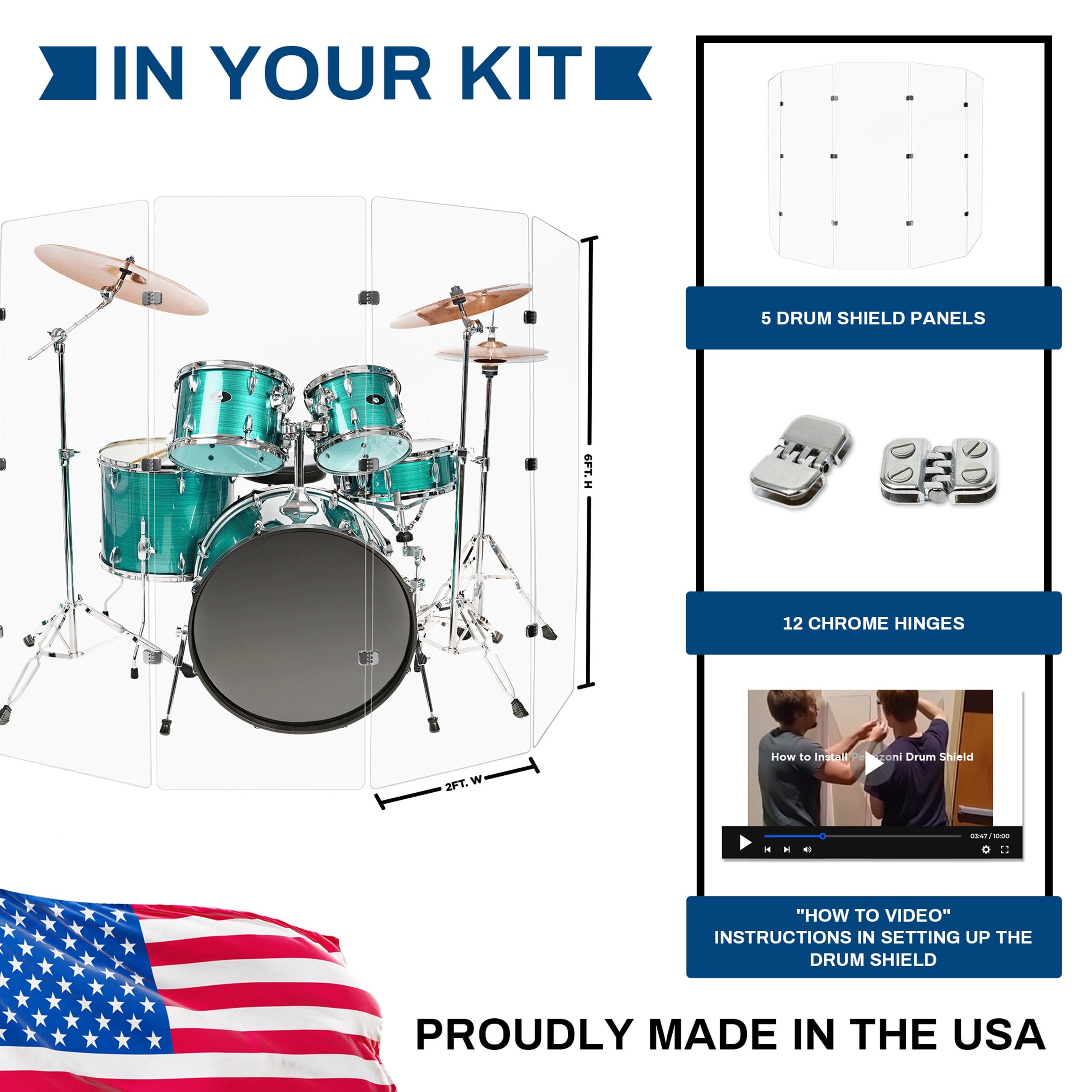 PENNZONI Drum Shield 6ft Acrylic Panels W/ Deflector & Chrome Hinges ...