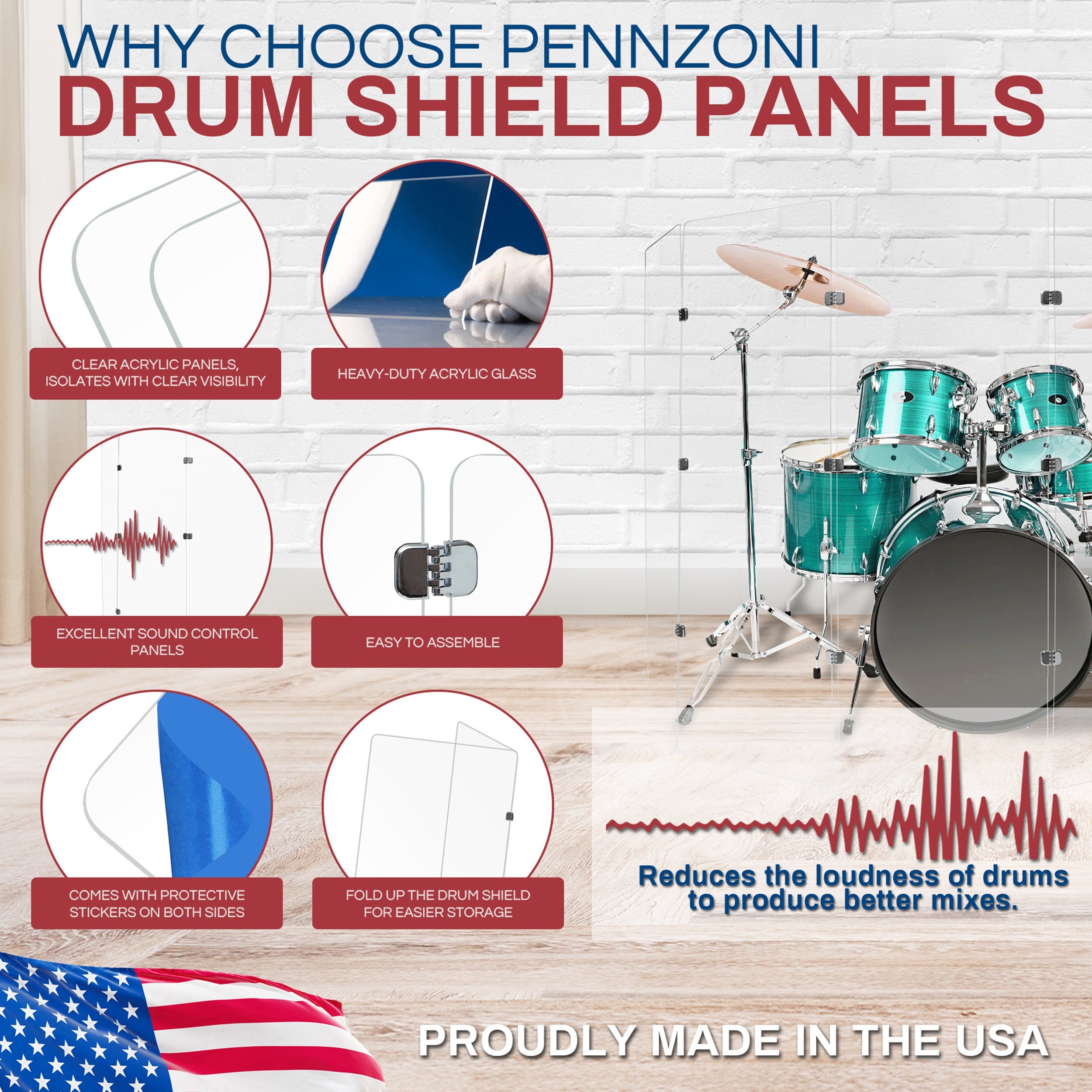 PENNZONI Drum Shield 6ft Acrylic Panels W/ Deflector & Chrome Hinges ...