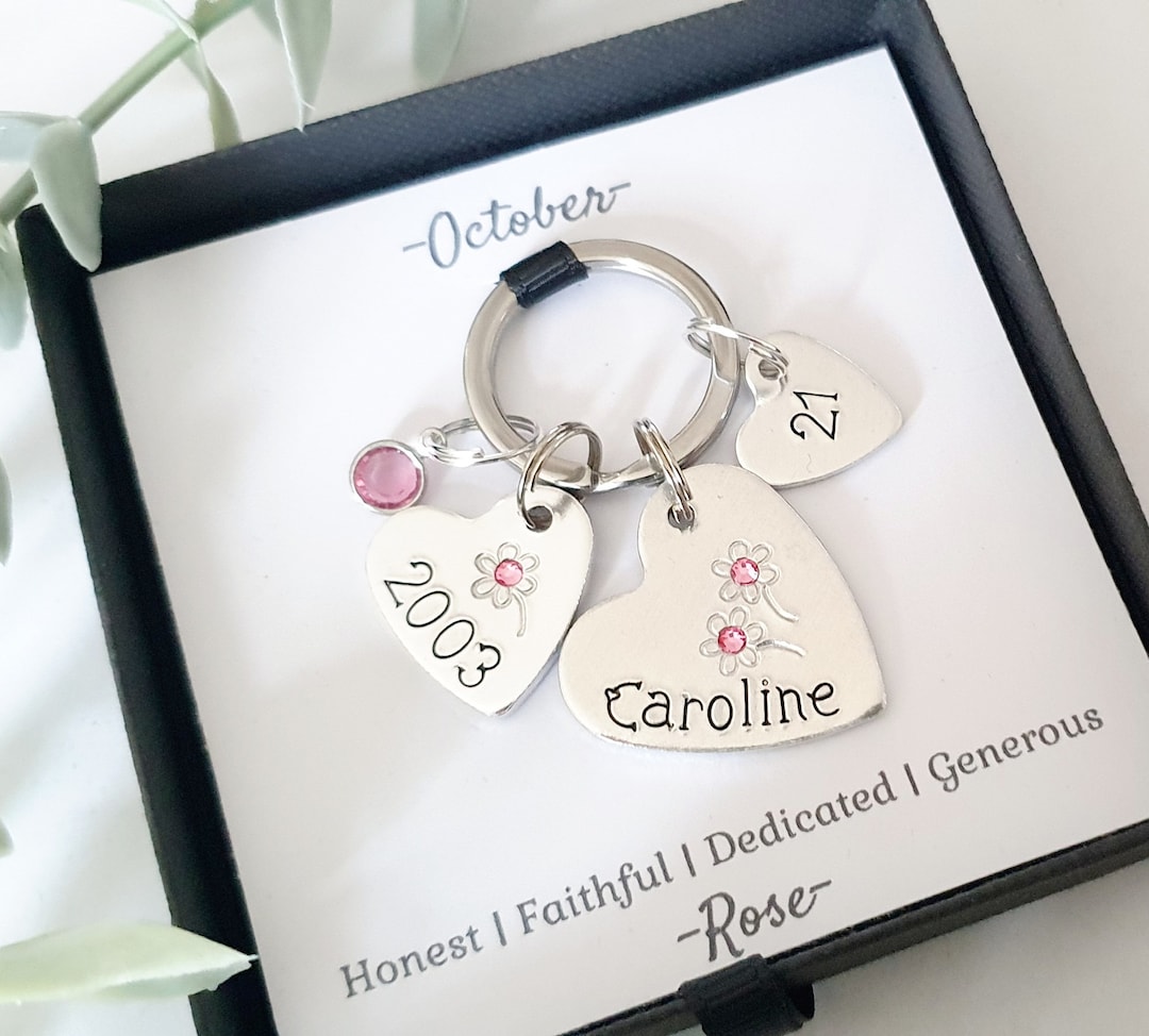 Girls 21st Birthday Keyring Personalised With Name and Birthstone ...