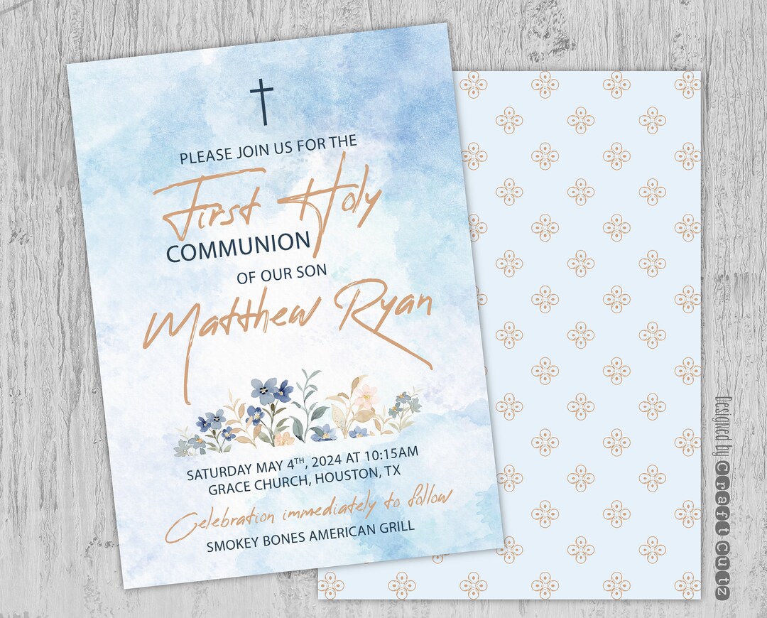 Blue Watercolor First Communion Invitation, Elegant Blue First Holy ...