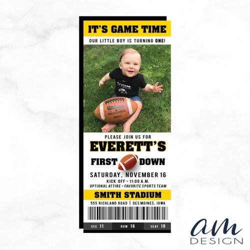 First Year Down First Birthday Football Party Invitation - Etsy