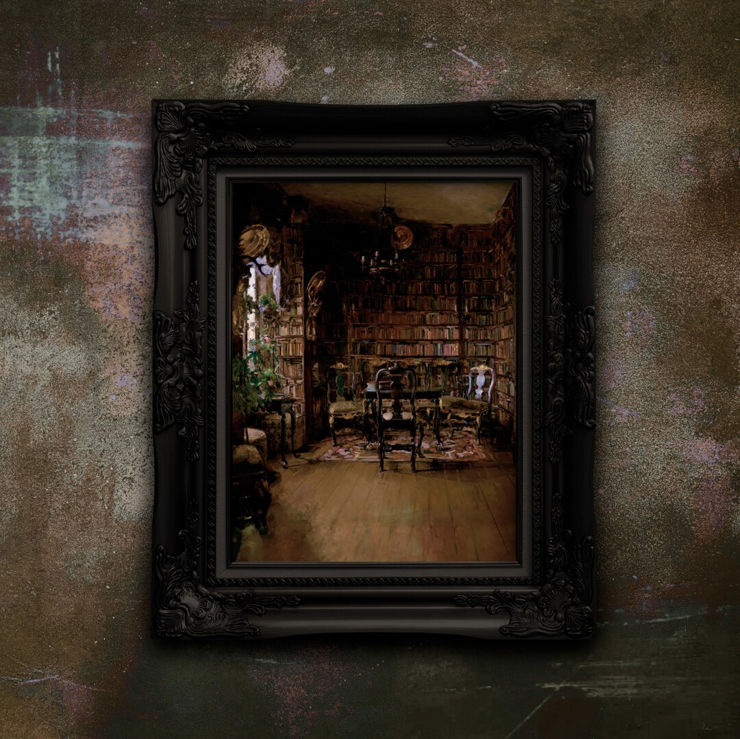 Vintage Victorian Library Painting. Dark Oil Painting, Library Wall Art ...