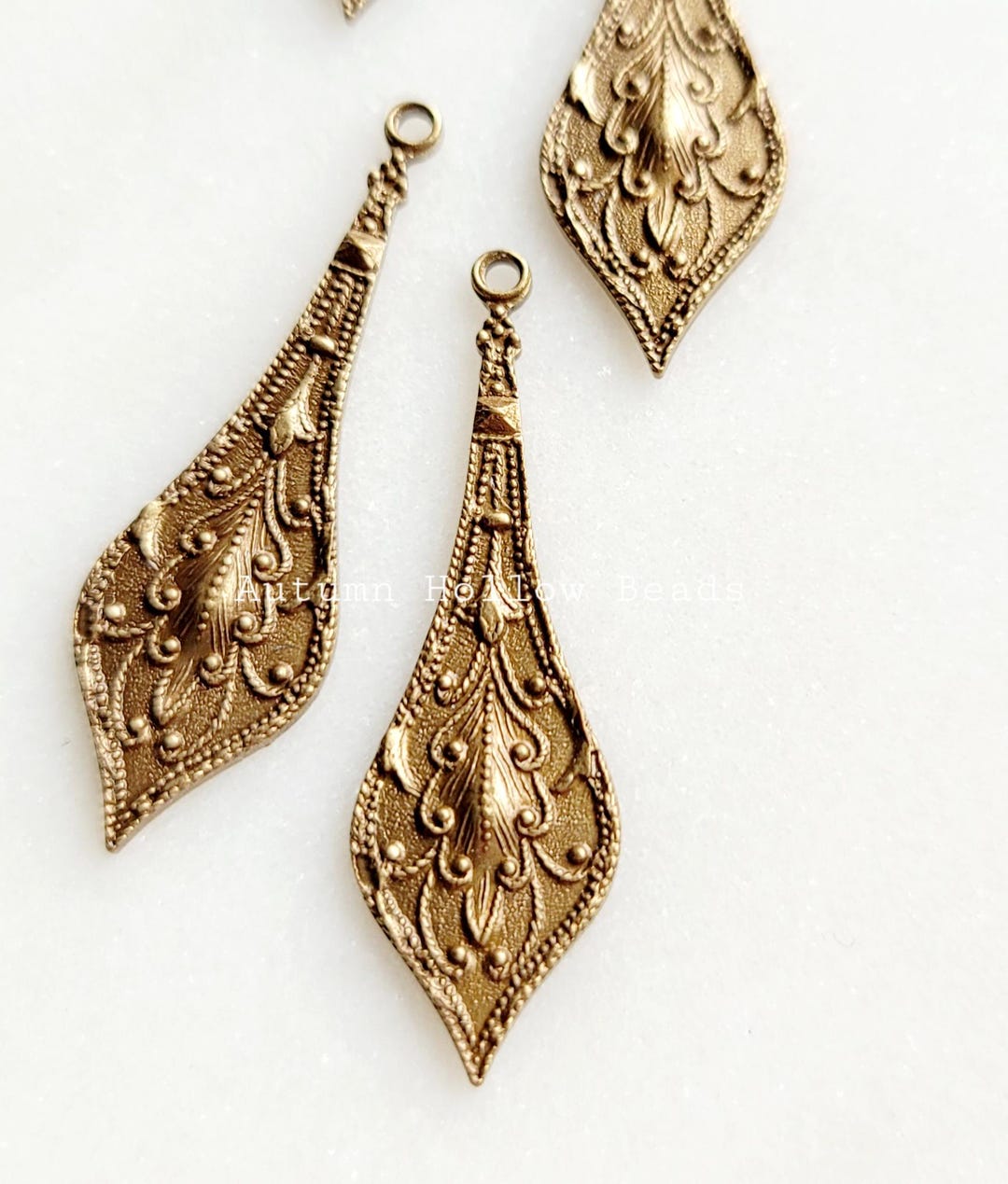 Set of 4 Embossed Ornate Solid Antiqued Brass Pendants Charms 32x10mm ...
