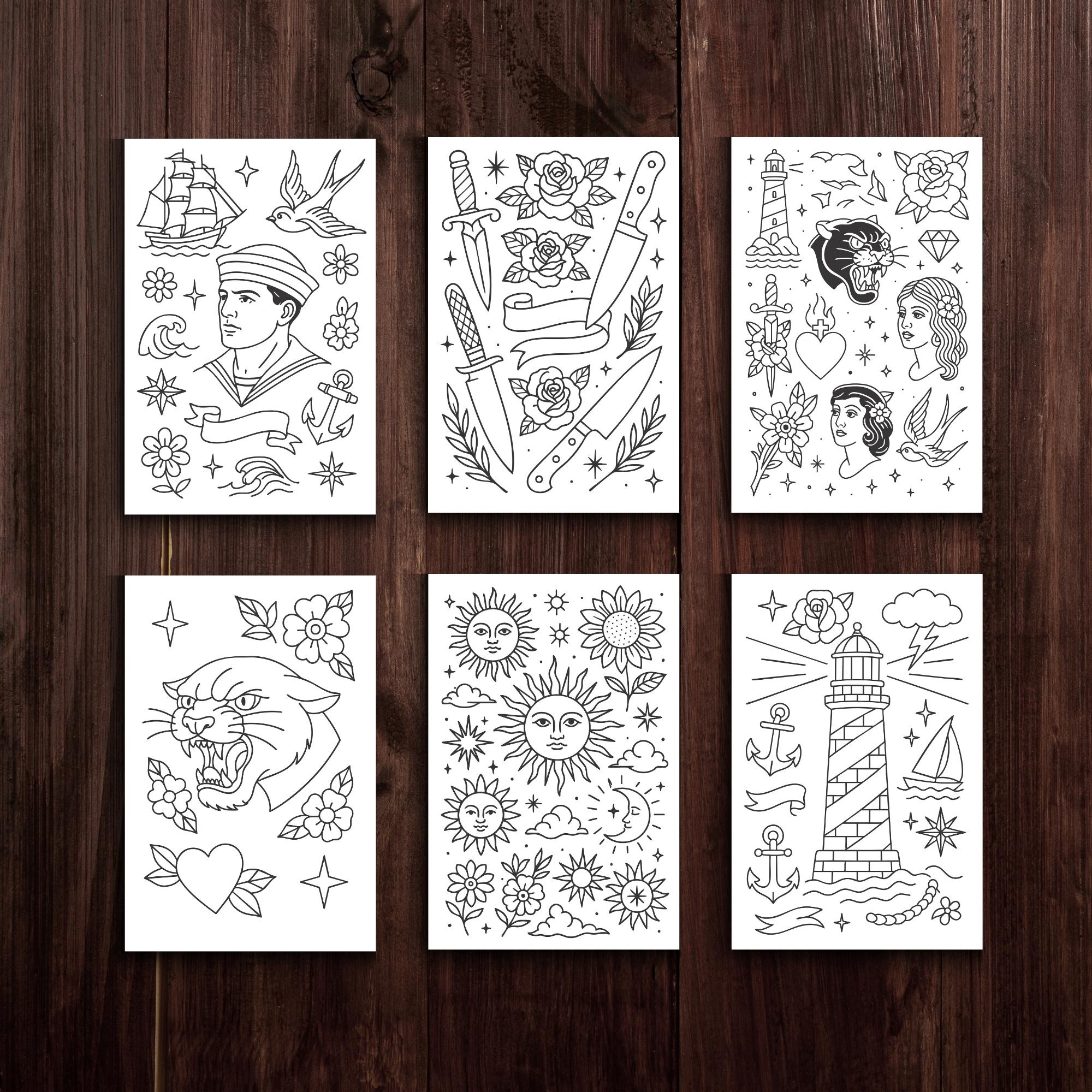 Tattoo Coloring Book – Traditional Flash Art | Printable Tattoo Designs ...