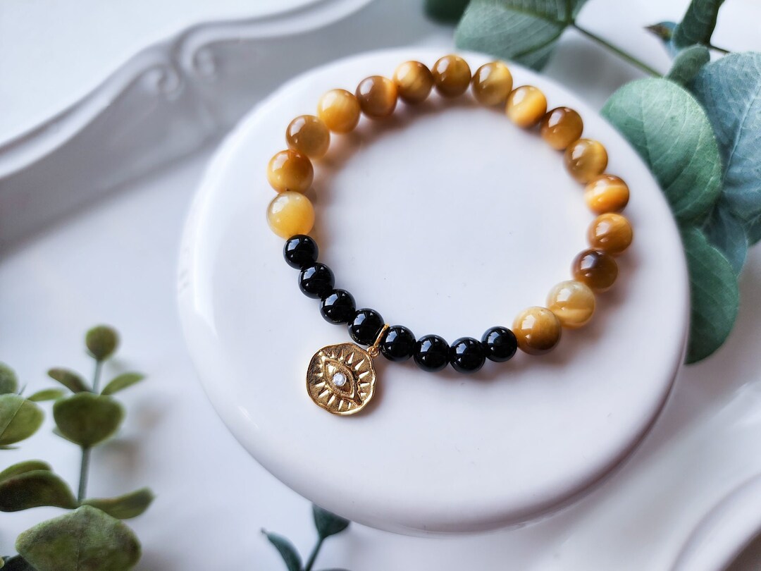 Golden Tiger's Eye, Onyx, & Evil Eye Charm Bracelet Reiki Infused - Etsy