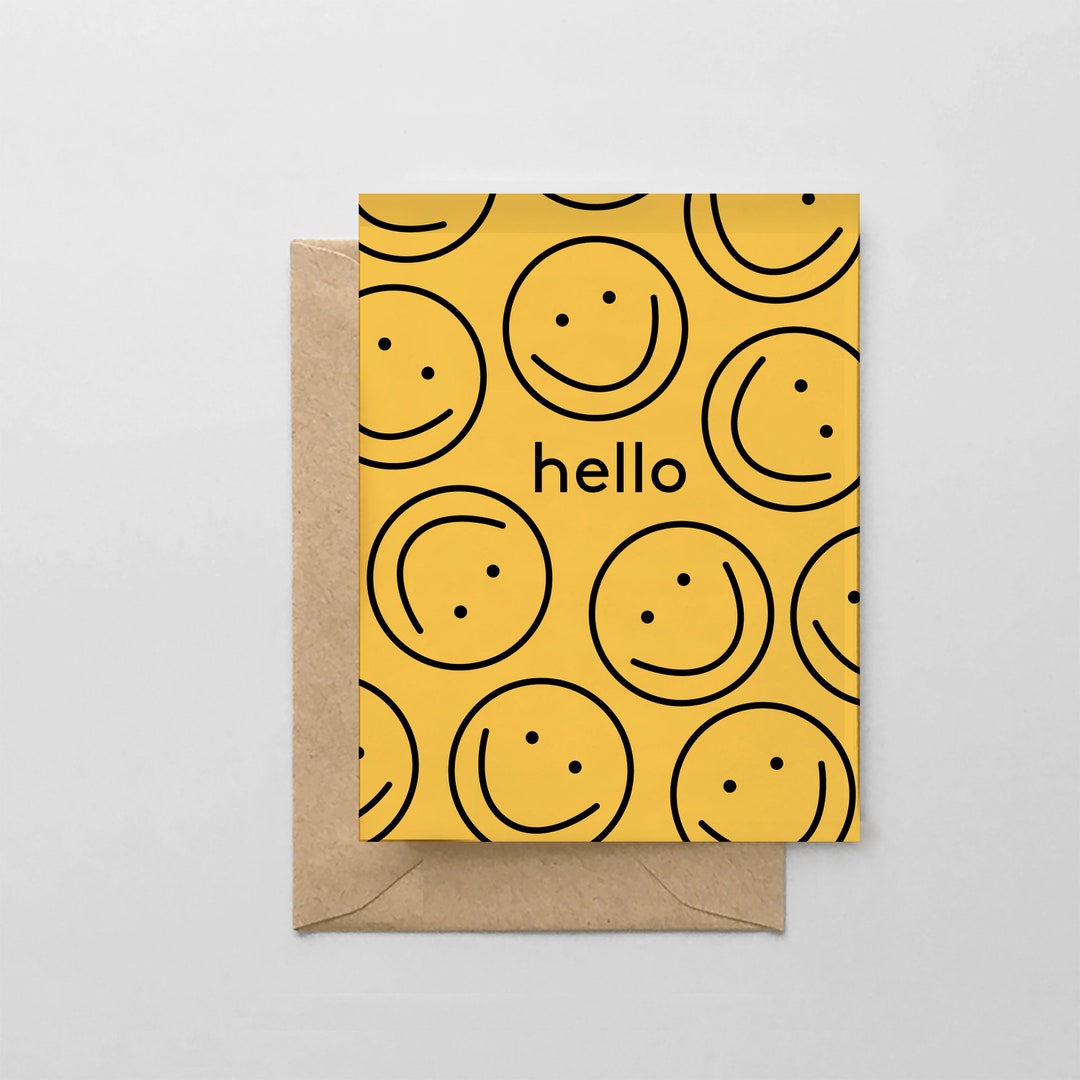 Yellow Hello Smiley Face Design - Greeting Card - Etsy