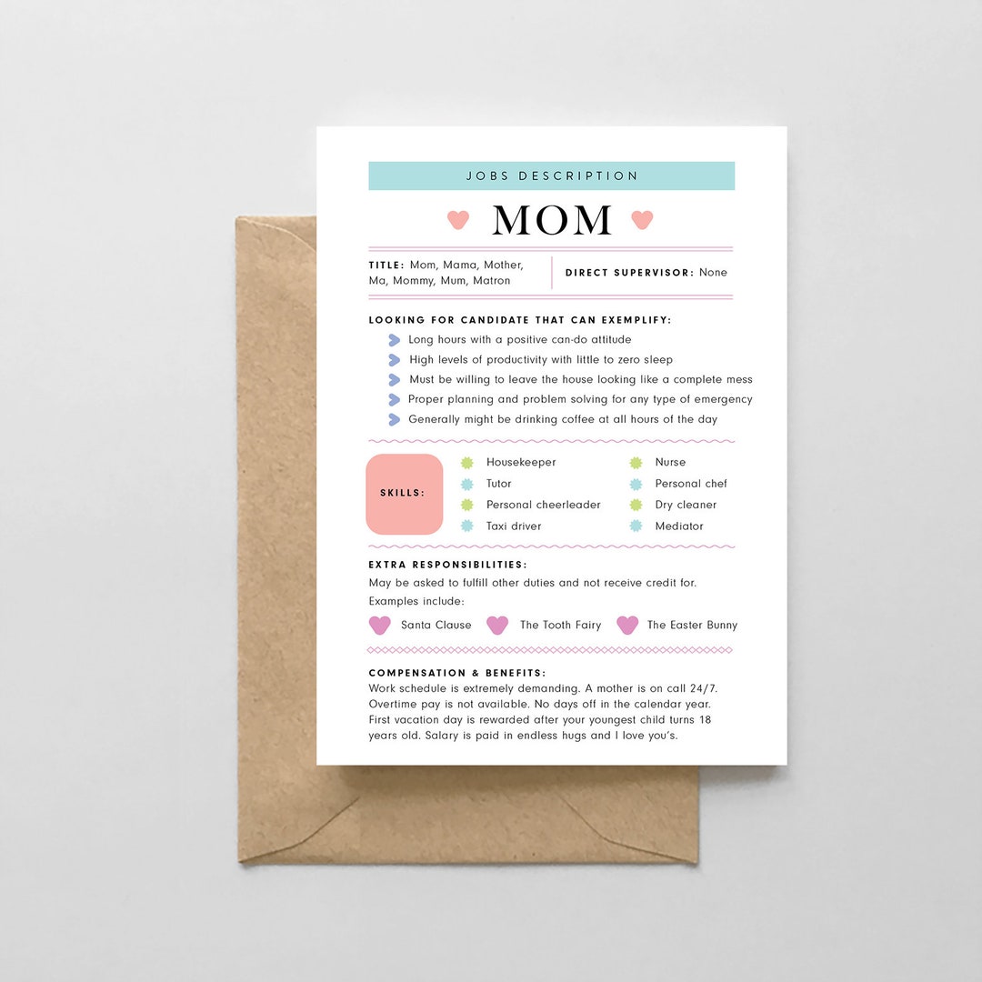 Mom's Job Description: Mother's Day Card - Etsy